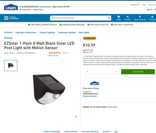 [Lowe's] EZSolar 1-Pack 0-Watt Black Solar LED Post Light with Motion ...