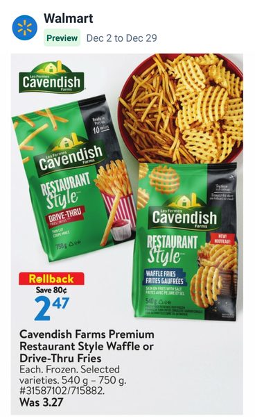 [Walmart] Cavendish Restaurant Style Waffle Fries $0.47 (after printed ...