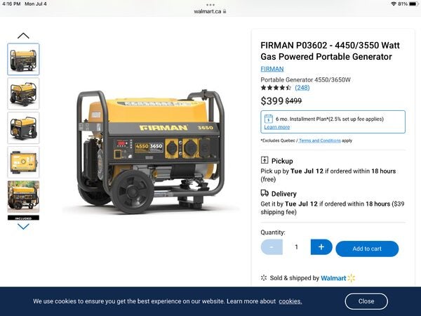 [Walmart] FIRMAN 4450/3550 Watt Gas Powered Portable Generator $399 ...