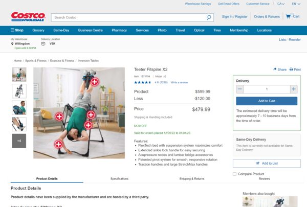 [Costco] Premium Inversion Table (For back issues) on sale for $479.99 ...