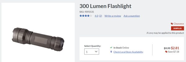 [Princess Auto] 300 Lumen Flashlight - $ 2.81 (reg. $ 9.99 ...