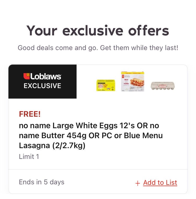 [Loblaws] FREE - dozen eggs OR Butter OR blue menu lasagna - YMMV ...