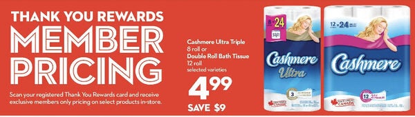 [Longos] Cashmere Toilet Paper Ultra Triple 8pk/Double Roll 12pk for $4 ...