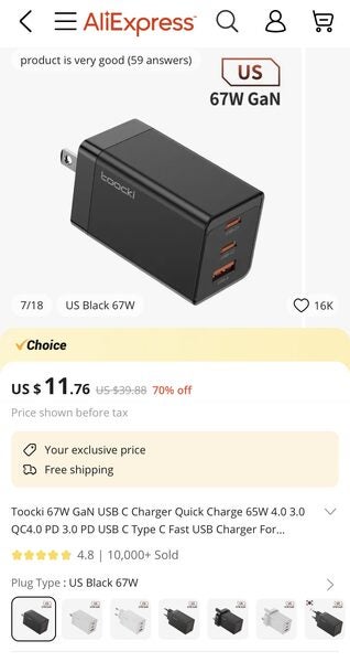 [AliExpress] $14 USD, 67W charger on AliExpress (ETL certified ...