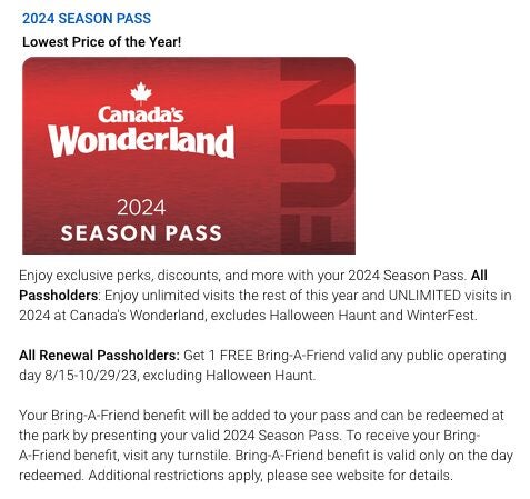 [Canada's Wonderland] 2024 Season Passes -single use Fast Lanes for ...