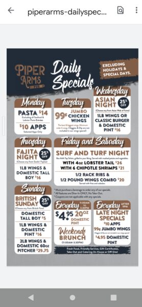 [Piper Arms] Pound and Pint $16 (was $14) , 99¢ wings (was 89 ), days ...