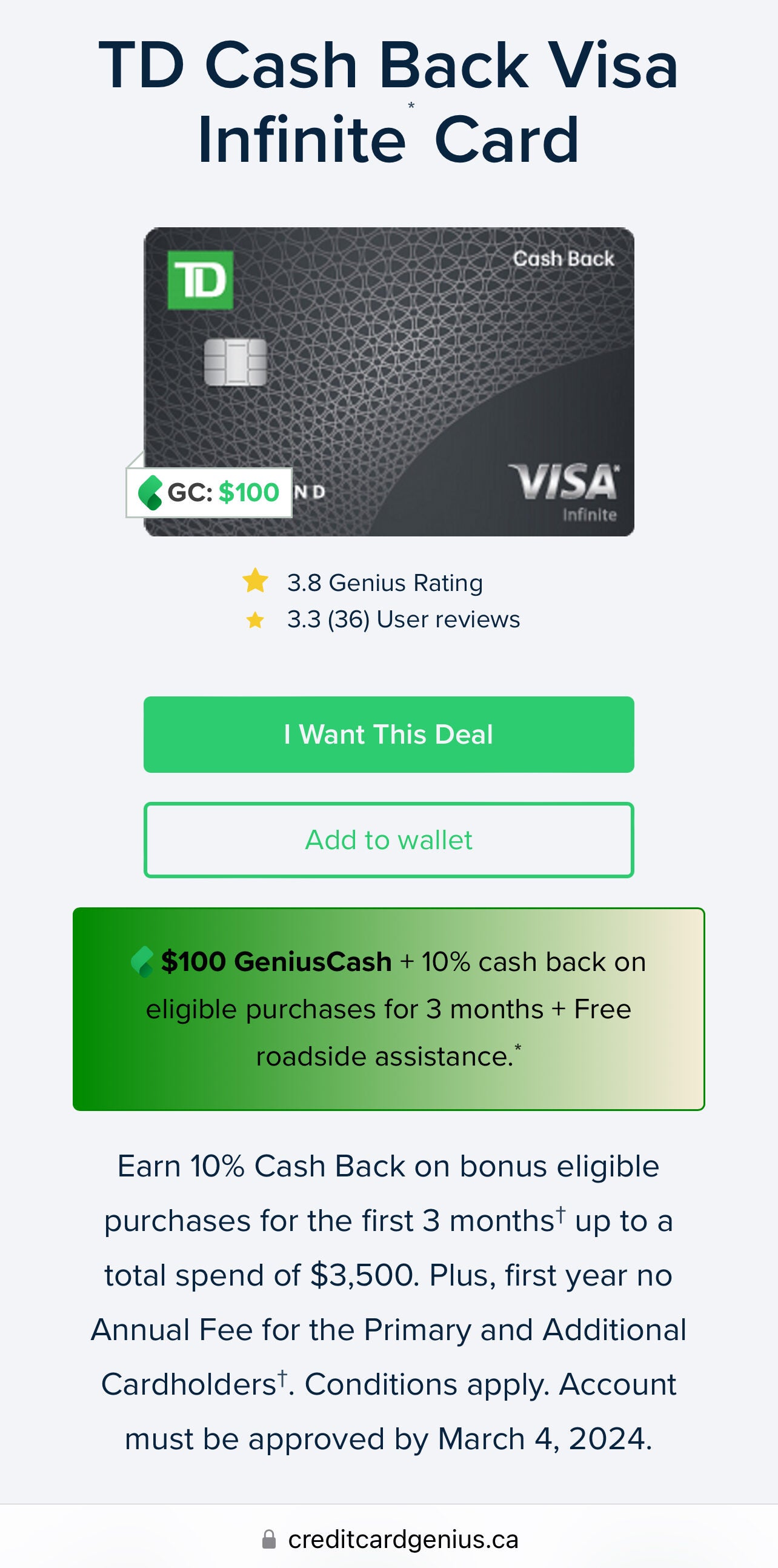 [TD Bank] TD Cash Back VI: get $350 (10% CB on $3500 Spend)+FYF+Extra ...