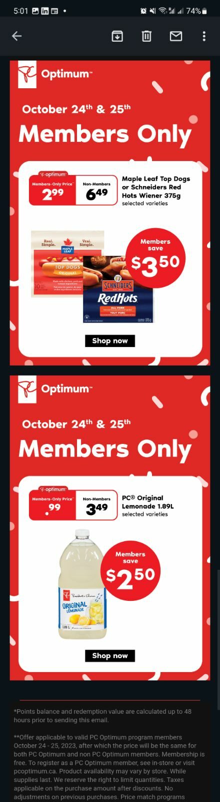 [Loblaws] PC Optimum Flash Offers [Oct 24-25] - Maple Leaf Top Dogs or ...