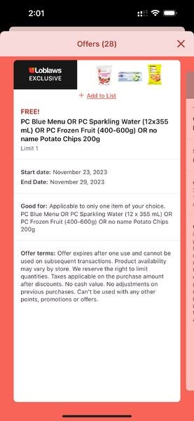 [PC Optimum] FREE PC Blue Menu OR PC Sparkling Water (12x355 mL) OR PC Frozen Fruit (410-600g ...