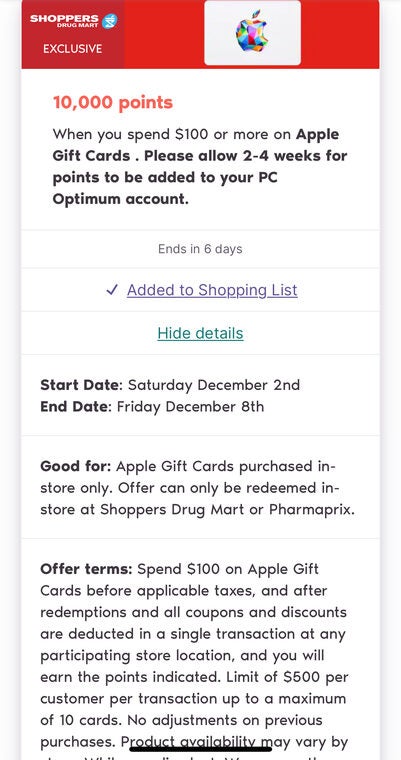 [PC Optimum] Apple Gift Card - (Min) $100 = 10,000 PCO Points (Dec 2-8 ...