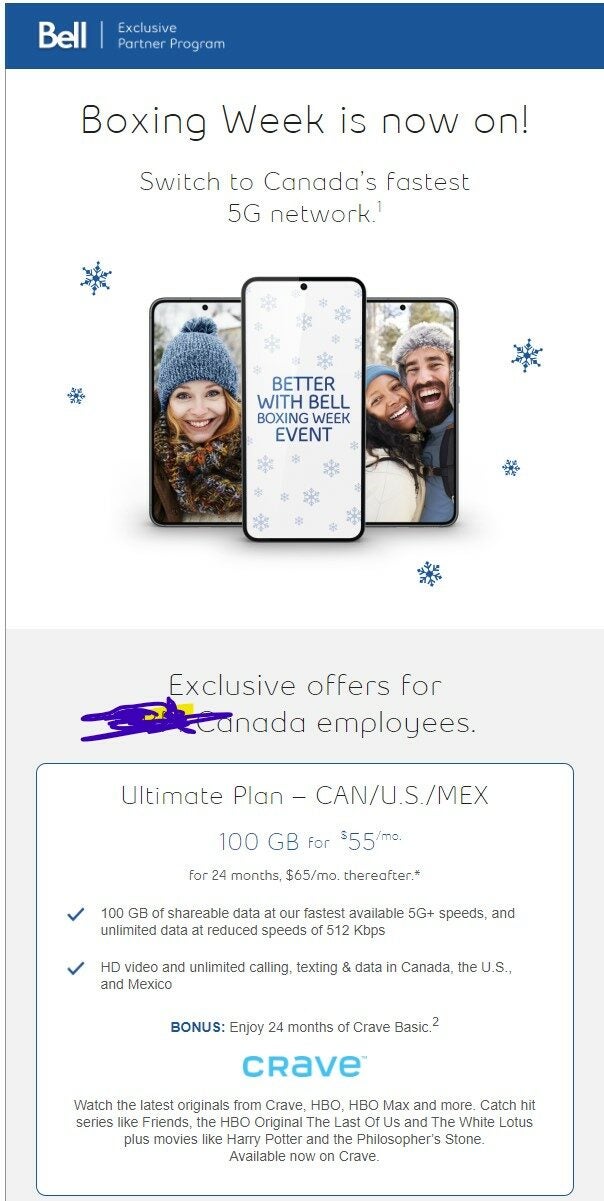 [Bell] Bell EPP Plan - Ultimate Plan - CAN/US/MEX - 100GB / 5G+ for $55 ...
