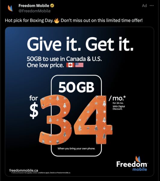 [Freedom Mobile] $34 50GB CAN/US Boxing Week Offer + $0 Activation Fee ...