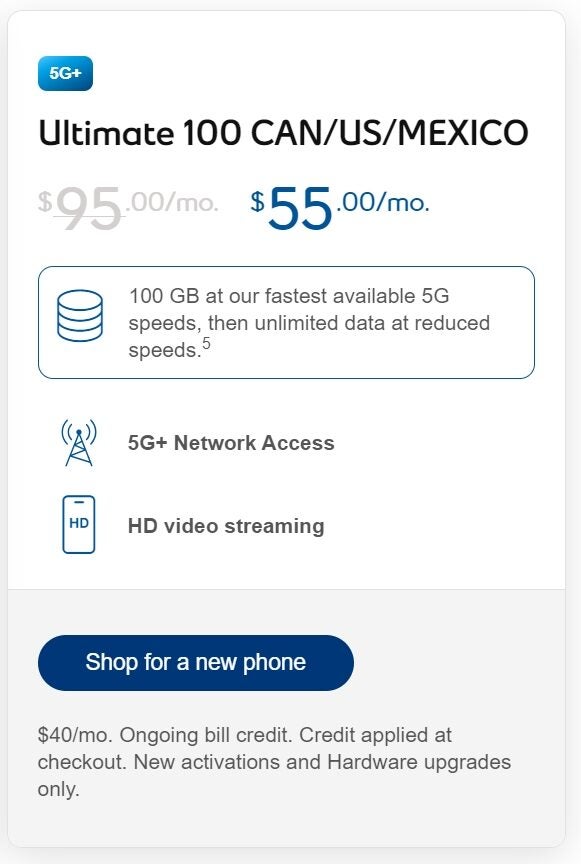 [Bell] Bell EPP: 100GB CAN/US/MEXICO 5G+ HD Video for $55/mo. ($65/mo ...