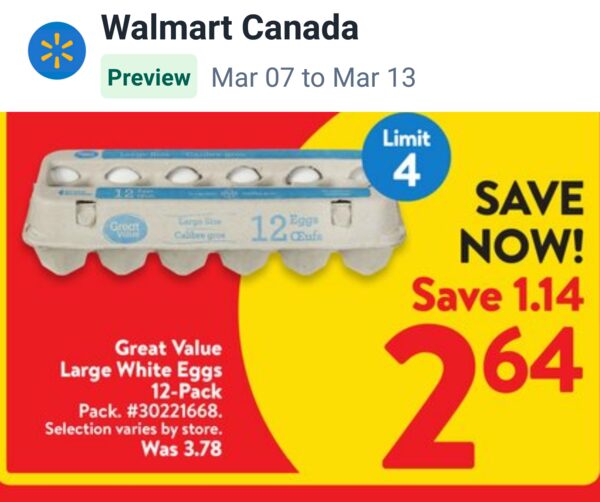 [Walmart] [ON] Great Value Large White Eggs, 12 Count $2.64 (March 7-13 ...