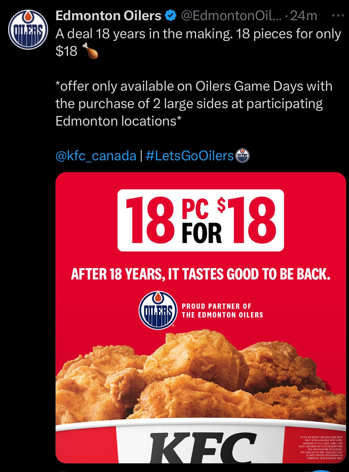 [KFC] Get 18 Pieces for Only $18 on Oilers Game Days with the Purchase ...