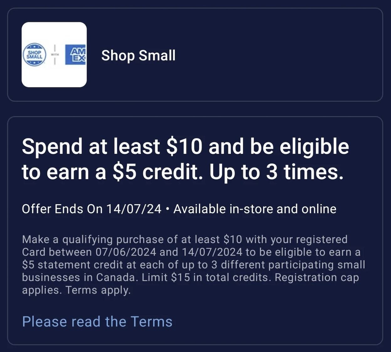 [American Express] Shop Small - Spend at least $10, earn $5 credit x3 ...