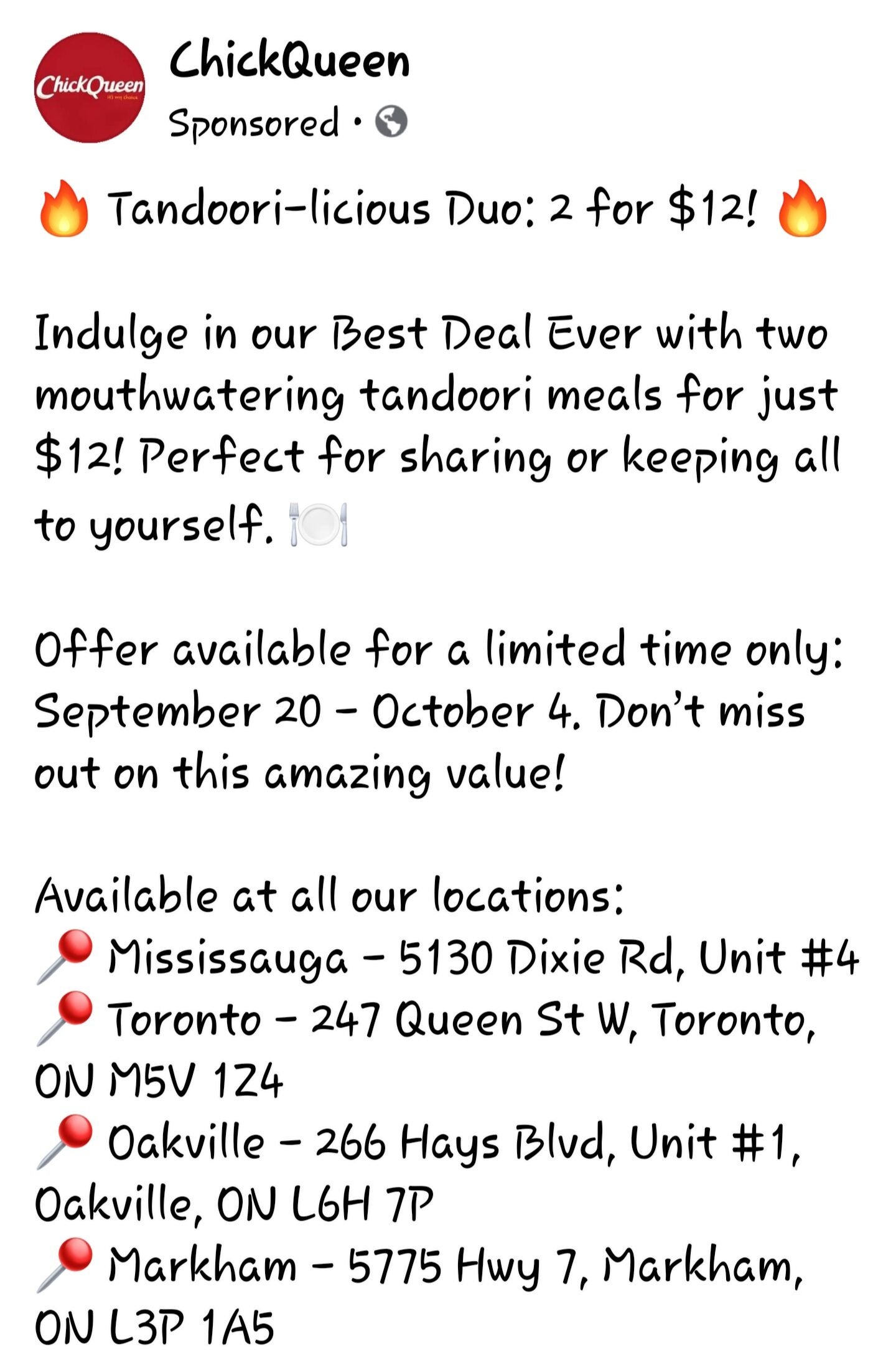 [Chick Queen] Chick Queen Two Tandoori sandwiches $12 Sep 20 to Oct 4th ...