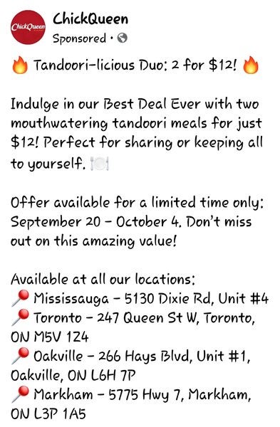 [Chick Queen] Chick Queen Two Tandoori sandwiches $12 Sep 20 to Oct 4th ...