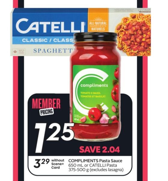 [Sobeys] Compliments Pasta Sauce or Catelli Pasta $1.25 each (with ...