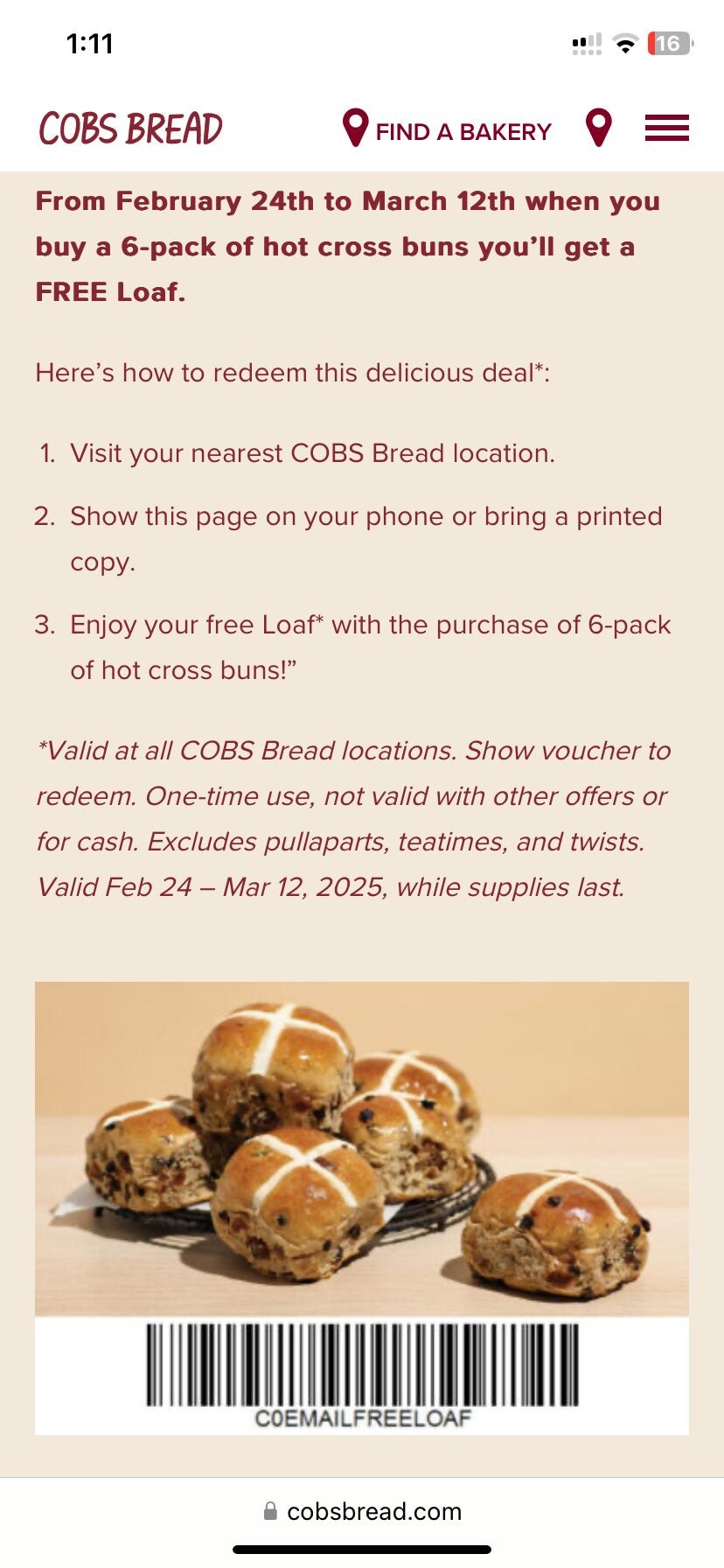 [COBS Bread] Buy a 6-pack of hot cross buns you get a FREE Loaf ...