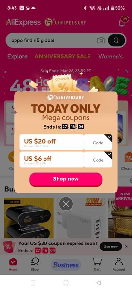 [AliExpress] $20 off $100 coupon / $6 off $30 / In app YMMV ...