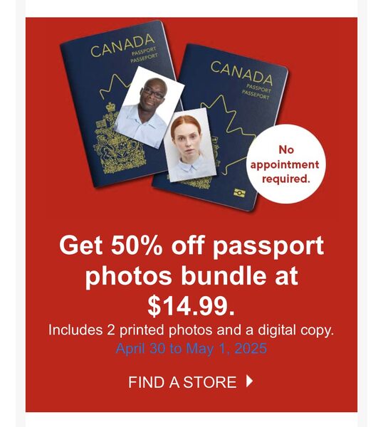 [Staples] Passport photos bundle for $14.99 on April 30th and May 1st ...