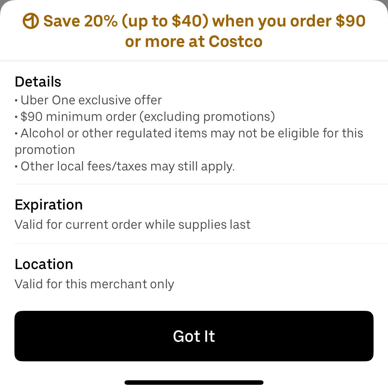 [Uber Eats] 20% off Costco Orders $90+ on UberEats for UberOne Members (stack with 20% ...