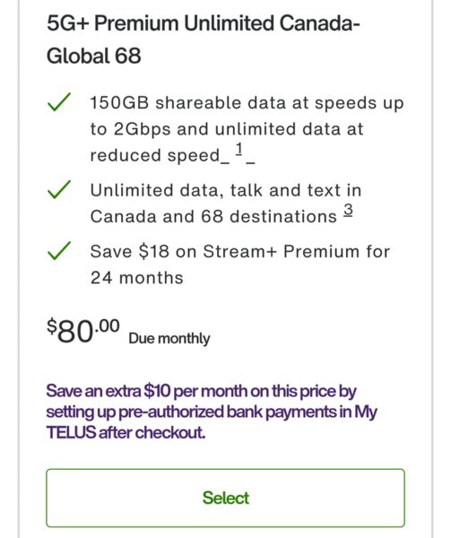 [Telus] New Telus EPP - 5G+ Premium Unlimited CAN-GLOBAL Roaming 68 ...