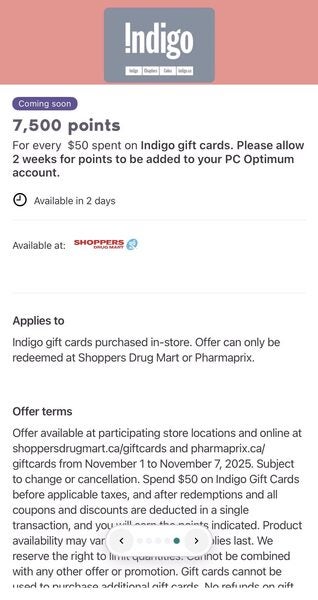 [Shoppers Drug Mart] 7,500 PCO points for every $50 spent on Indigo ...