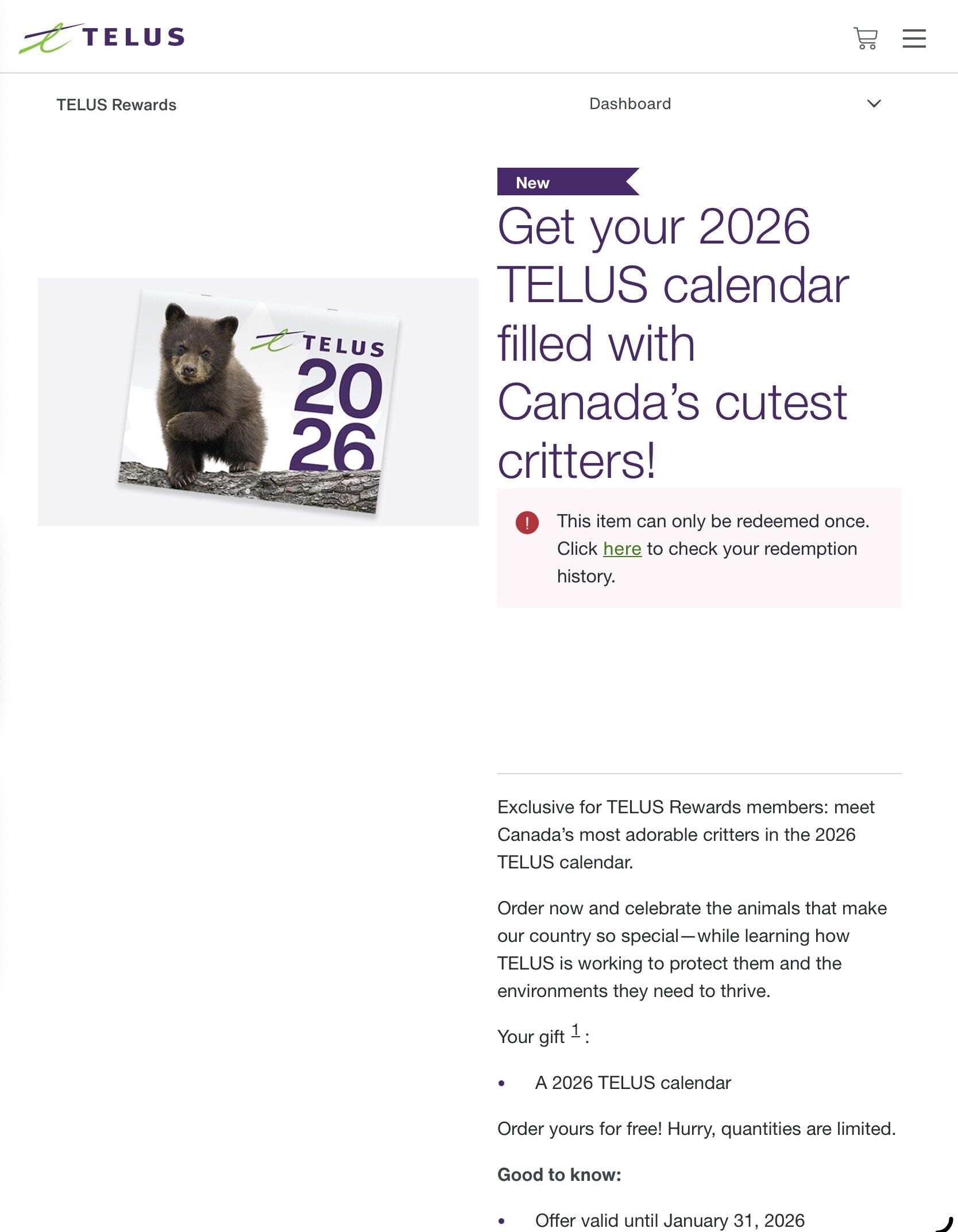 [Telus] Free 2026 Telus Critter Calendar - RedFlagDeals.com Forums