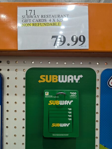 [Subway] Subway Giftcard $100 for $79.99 Costco Heartland Mississauga ...