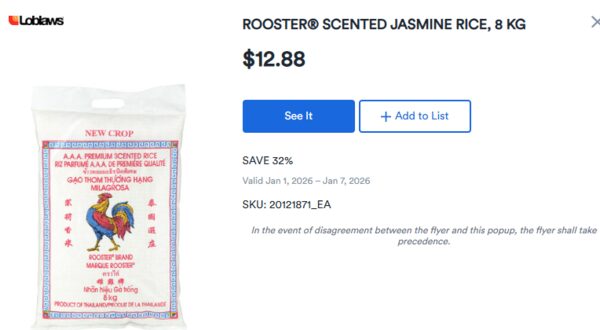 [Nofrills/SuperStore/Loblaws] Rooster Scented Jasmine Rice 8kg $12.88 ...