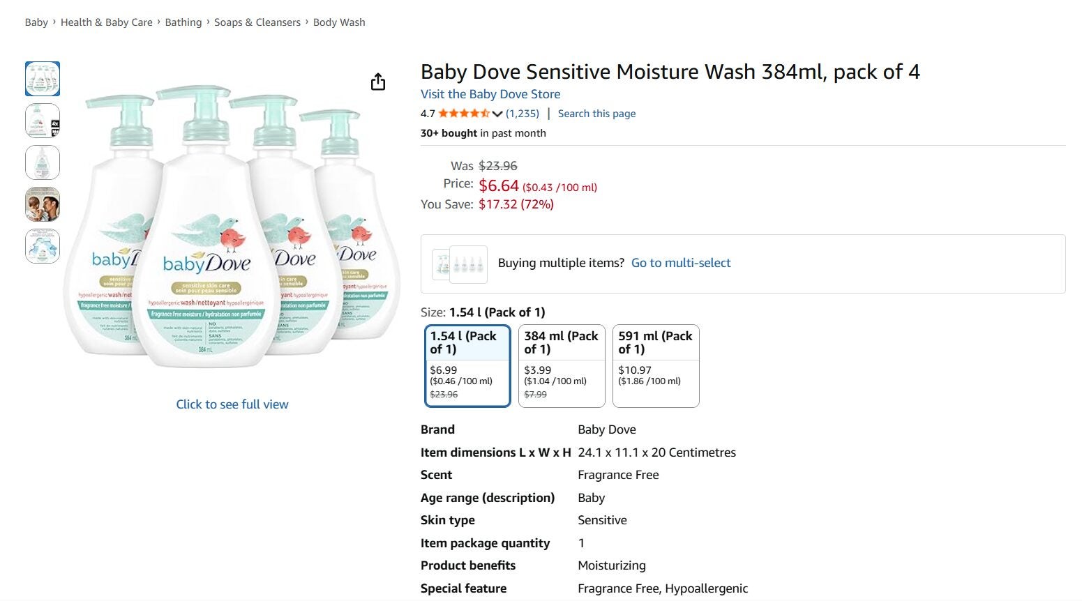 [Amazon.ca] Baby Dove Sensitive Moisture Wash 384ml, pack of 4 $6.64 ...