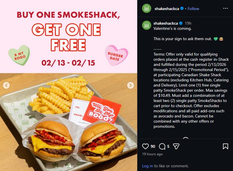 [Shake Shack] TO BOGO Smoke Shack burger (reg $10.49) Valentine’s ...
