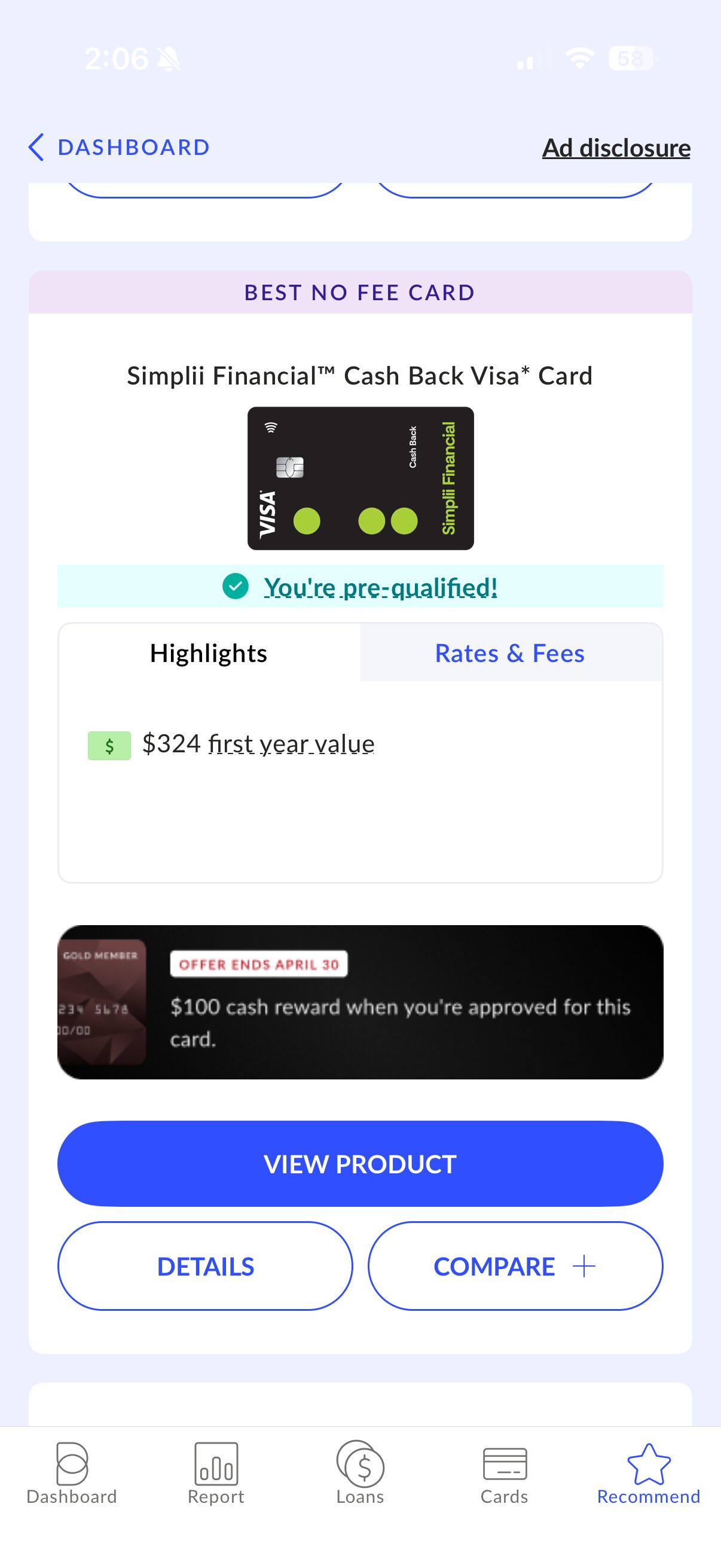 [Borrowell] 2 x $100 cash bonus for credit card applications. 60+ cards ...