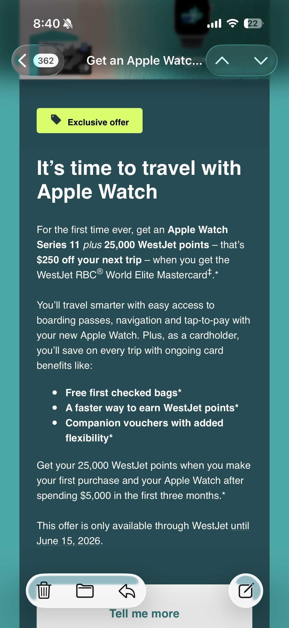 Westjet world elite Mastercard Apple Watch PLUS 25,000 wj points ...