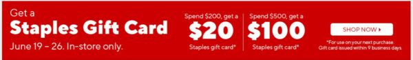 [Staples] Spend $500, get a $100 Staples Gift Card or Spend $200, get a ...